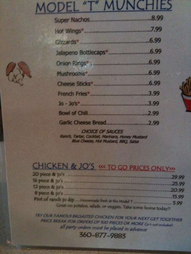 Menu at Model T Pub & Eatery, Hoodsport