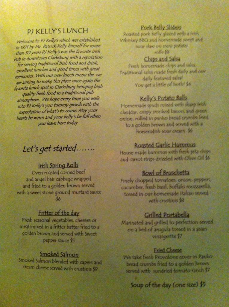 Menu at Kelly's Irish Pub & Grill, Clarksburg