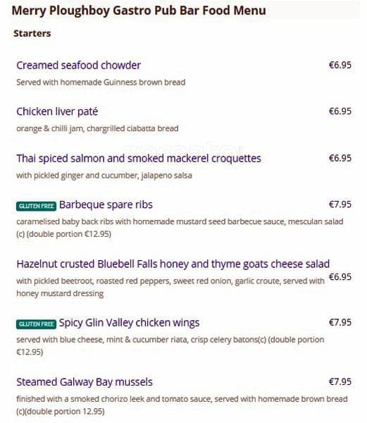 Menu at The Merry Ploughboy pub & bar, Dublin, Edmondstown Rd
