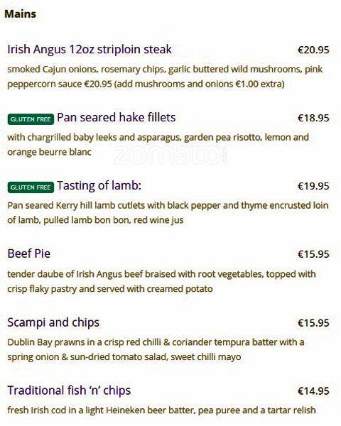 Menu at The Merry Ploughboy pub & bar, Dublin, Edmondstown Rd