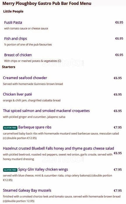 Menu at The Merry Ploughboy pub & bar, Dublin, Edmondstown Rd