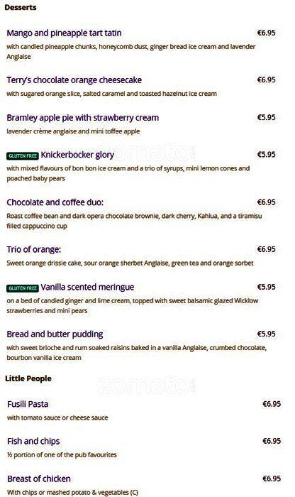 Menu at The Merry Ploughboy pub & bar, Dublin, Edmondstown Rd
