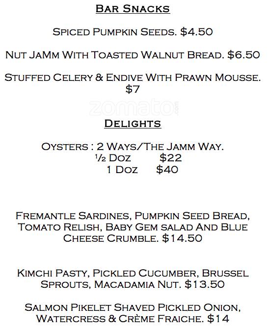 Menu at JAMM pub & bar, Gold Coast