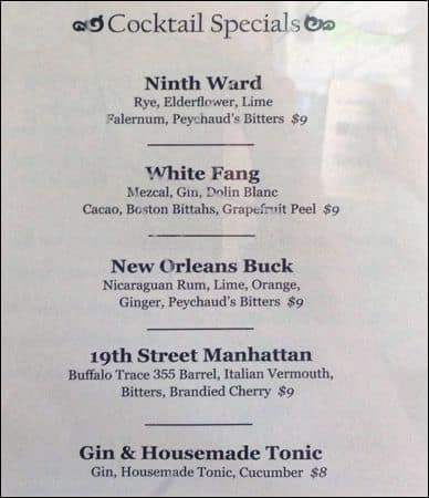 Menu at Bar 355, Oakland