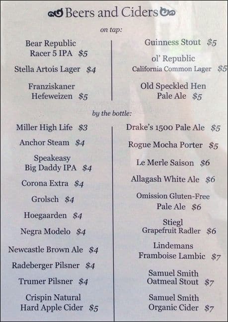 Menu at Bar 355, Oakland