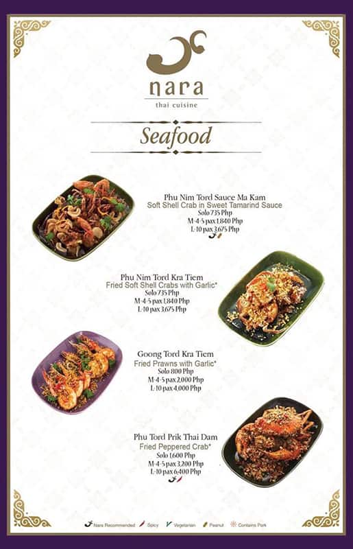 Menu at Nara Thai restaurant, Makati