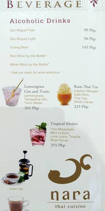Menu at Nara Thai restaurant, Makati