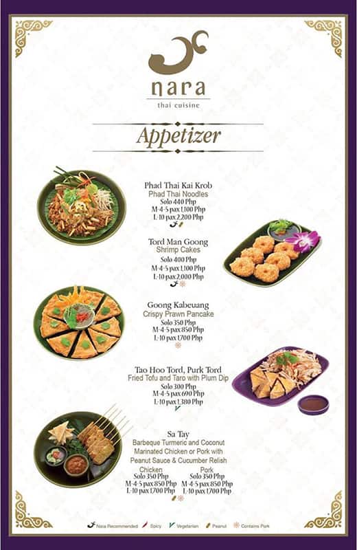 Menu at Nara Thai restaurant, Makati
