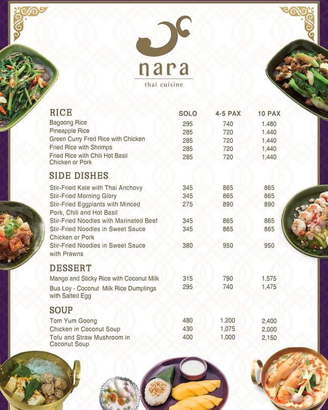 Menu at Nara Thai restaurant, Makati