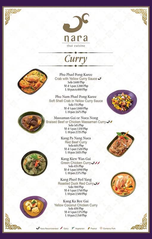 Menu at Nara Thai restaurant, Makati