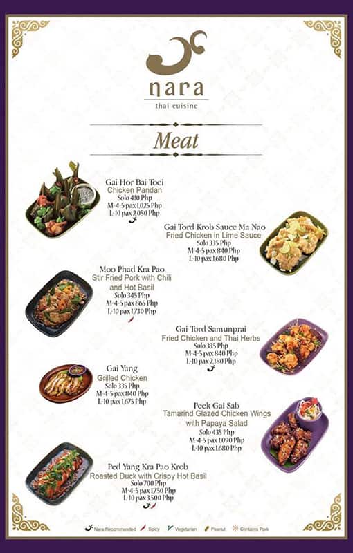 Menu at Nara Thai restaurant, Makati