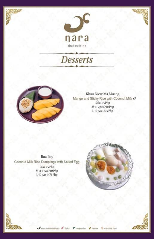 Menu at Nara Thai restaurant, Makati