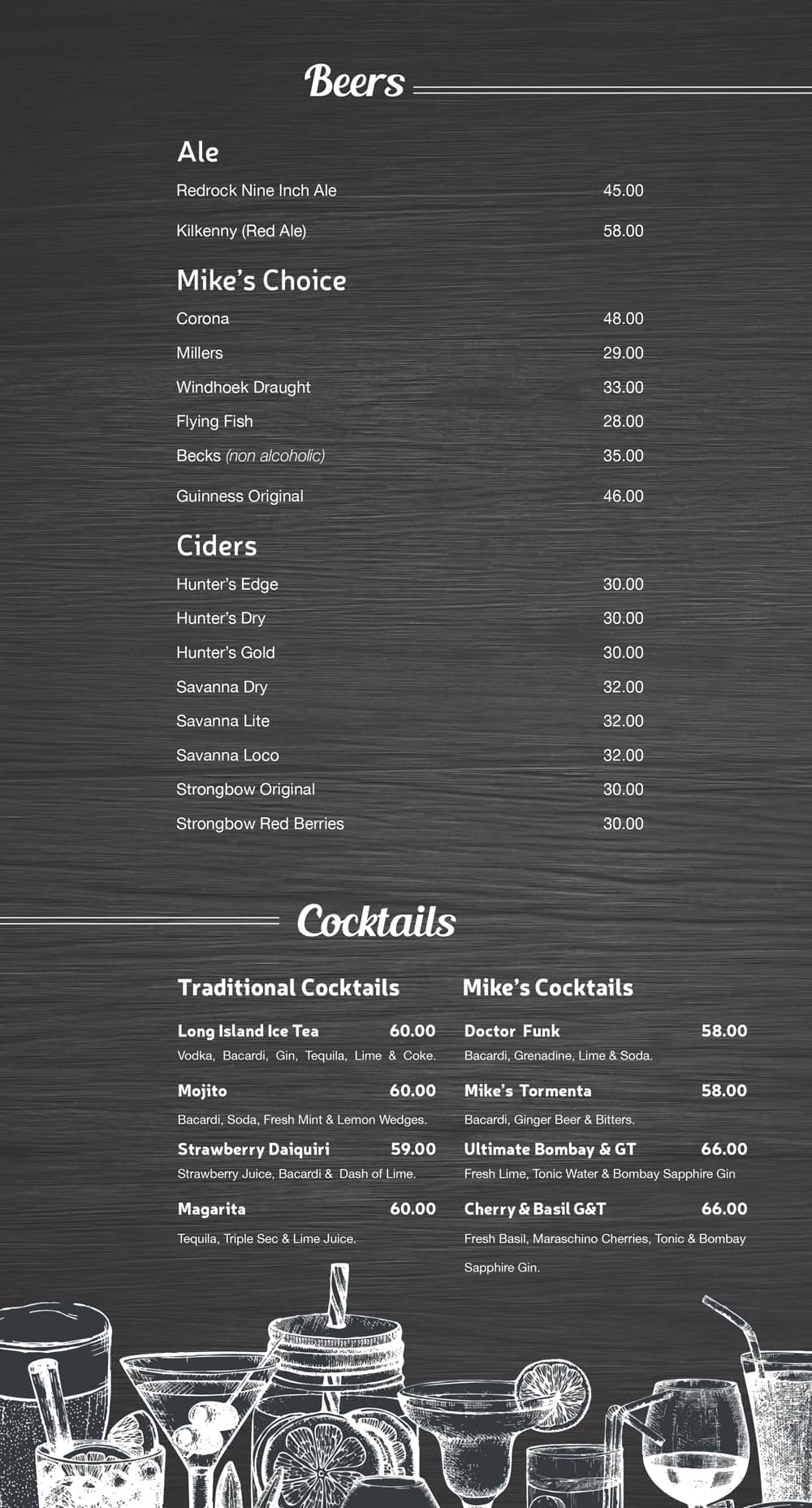 Menu at Mike's Kitchen restaurant, Durban