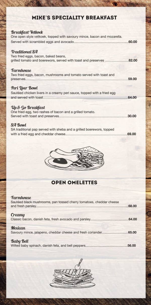 Menu at Mike's Kitchen restaurant, Durban