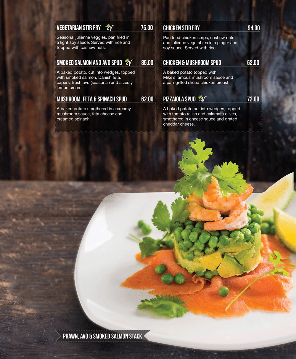 Menu at Mike's Kitchen restaurant, Durban