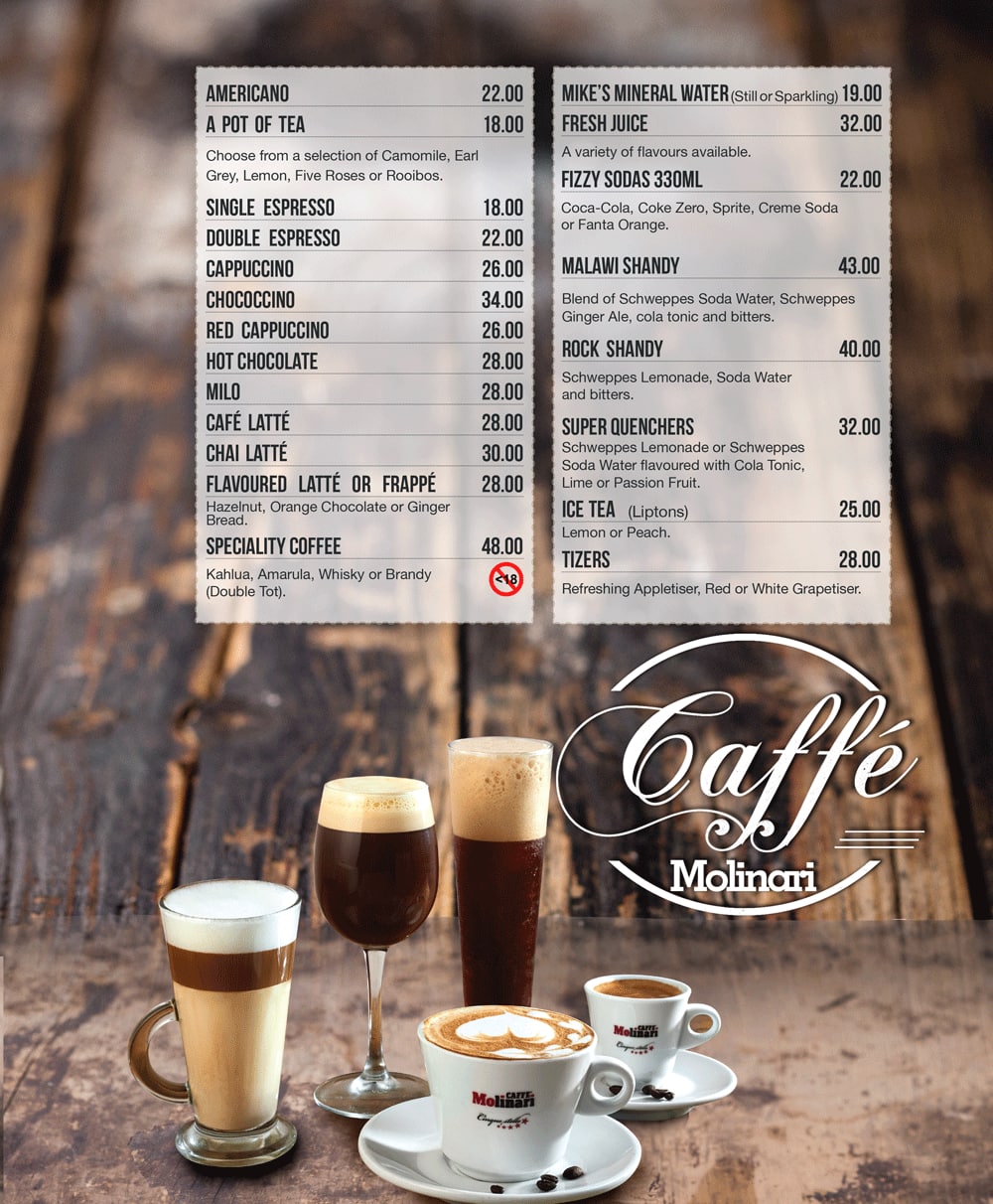 Menu at Mike's Kitchen restaurant, Durban