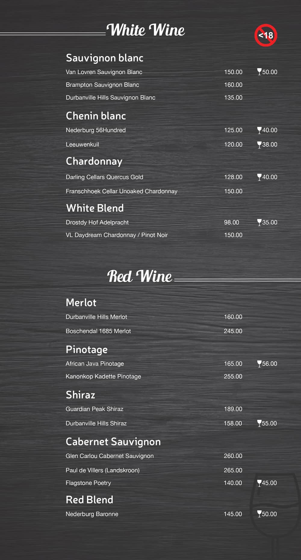 Menu at Mike's Kitchen restaurant, Durban