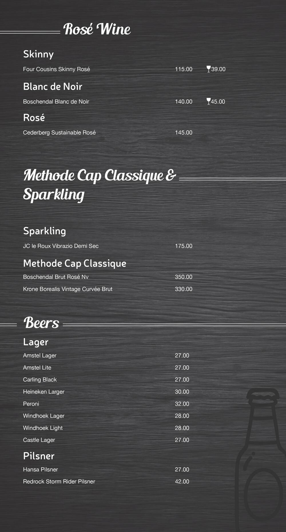 Menu at Mike's Kitchen restaurant, Durban