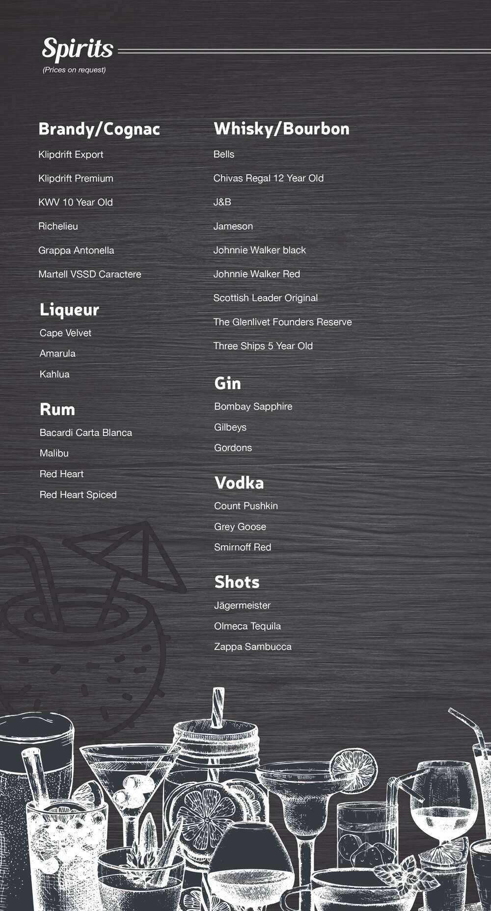 Menu at Mike's Kitchen restaurant, Durban