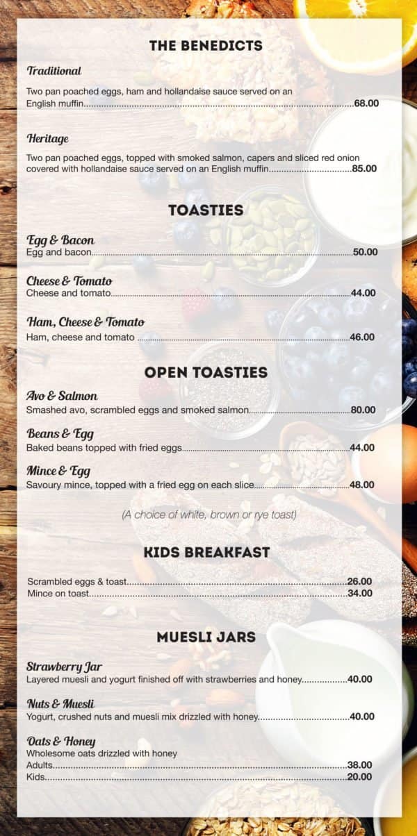 Menu at Mike's Kitchen restaurant, Durban