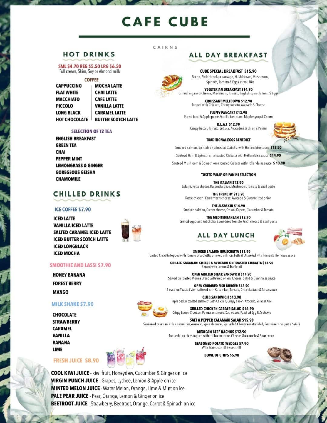 Menu at Cafe Cube, Cairns