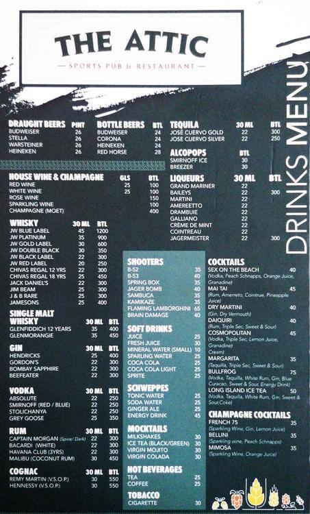Menu of The Attic Sports Pub, Al Markaziya, Abu Dhabi