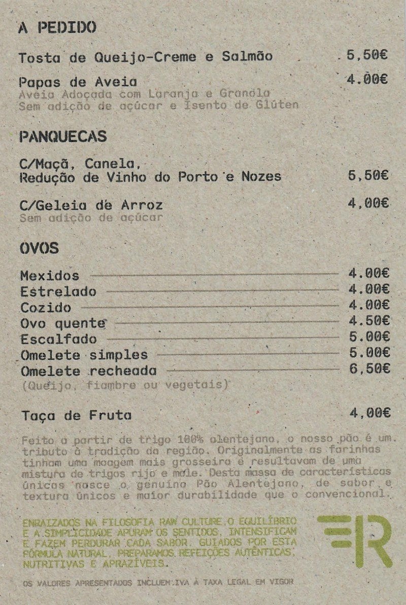 Carta del café Brunch, Lisboa