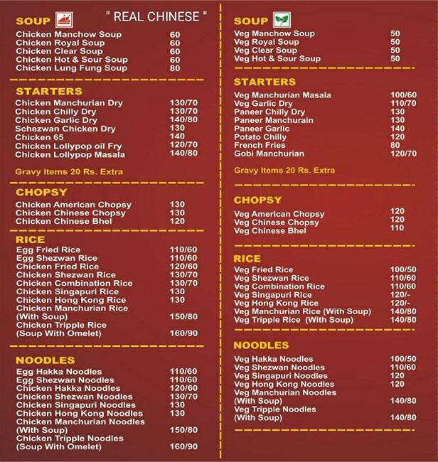 Menu of Real Chinese, Wakad, Pune