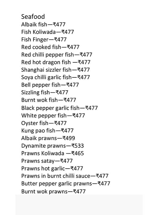 Menu of Sea Saa, Jogeshwari, Mumbai