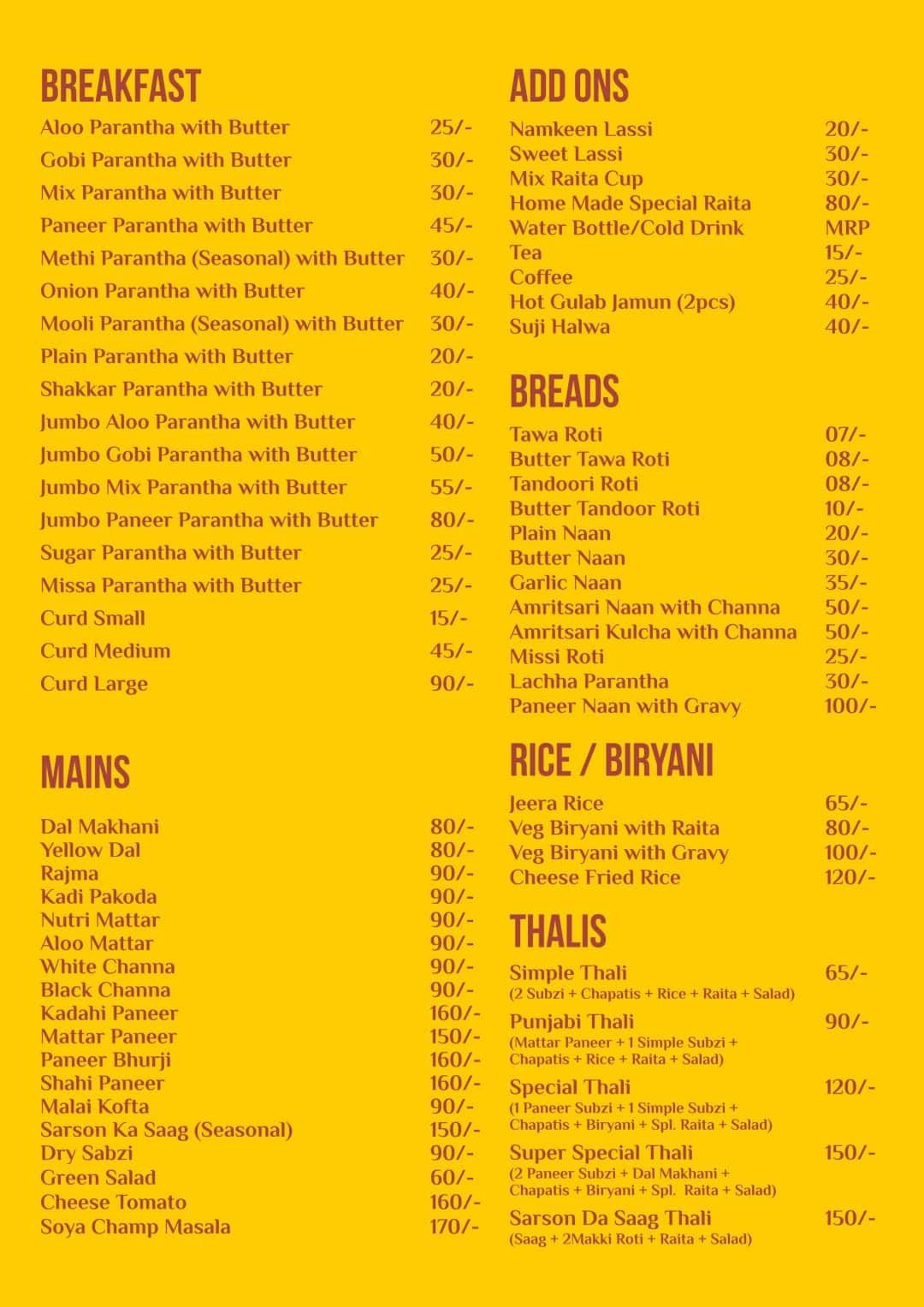 Menu of Saini Dhaba, Sigma 4, Greater Noida