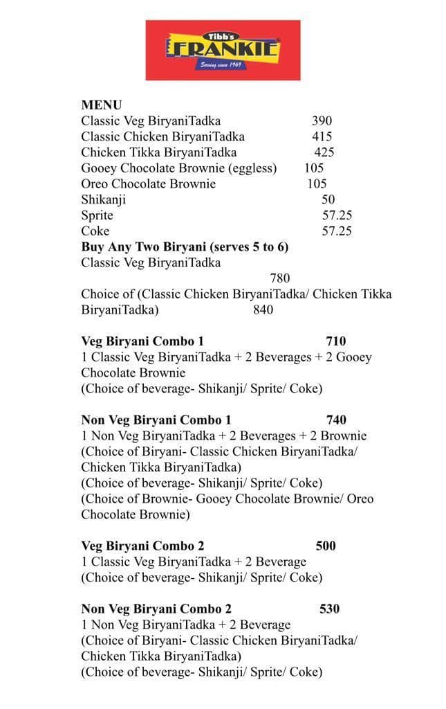 Menu of Tibbs Da Biryani Tadka, Carter Road, Bandra West, Mumbai