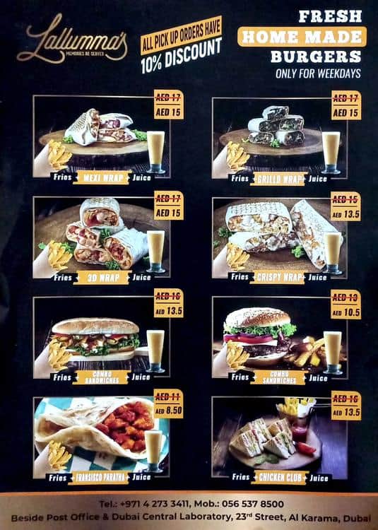 Menu of Lallumma's Restaurant, Al Karama, Dubai