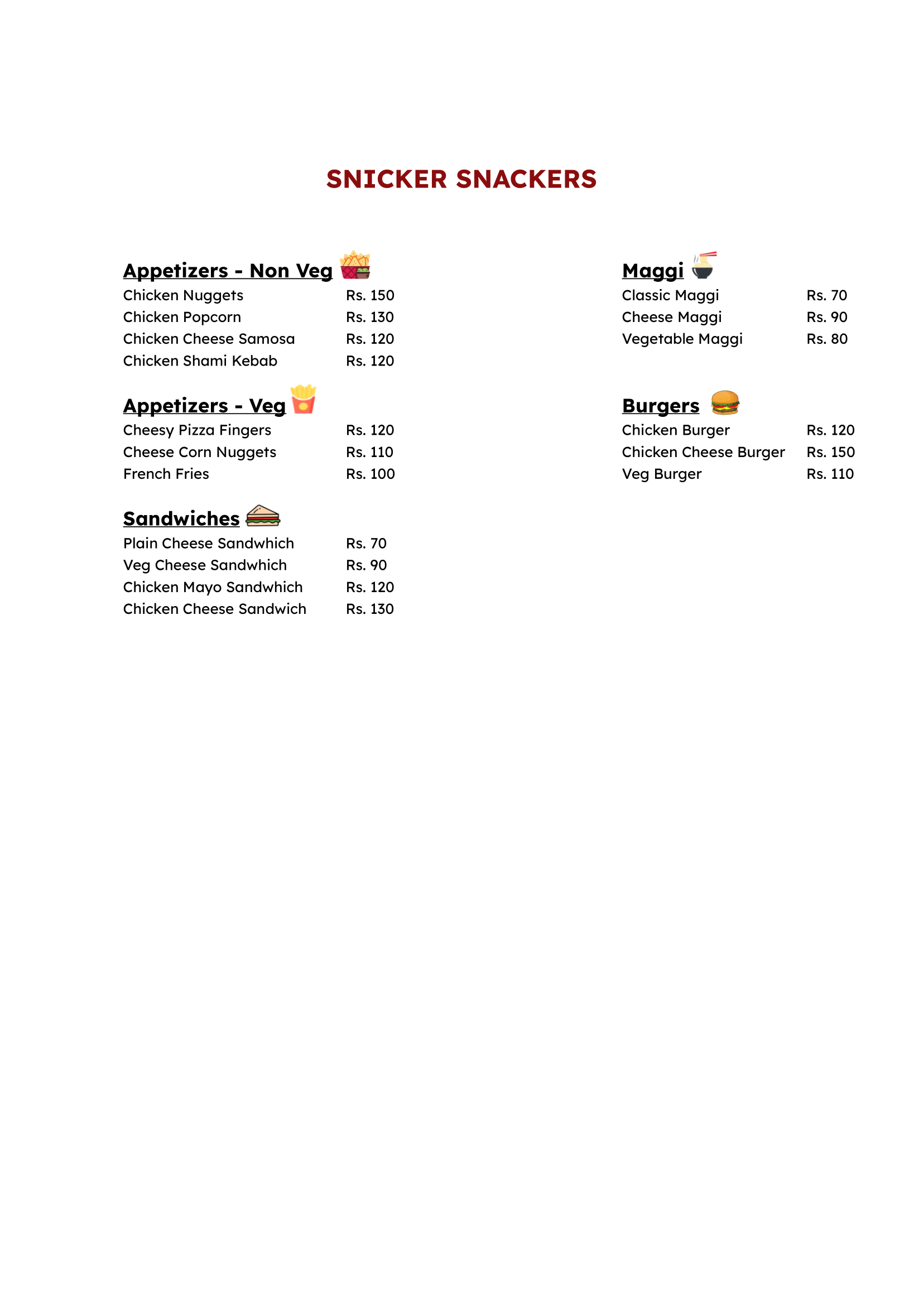 Menu of Snicker Snackers, Dadar East, Mumbai