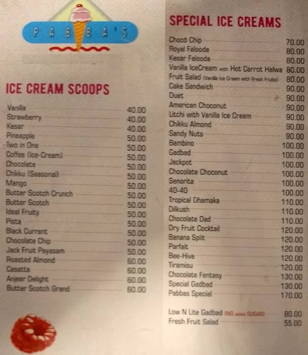 Menu of Pabbas, Lalbagh, Mangalore