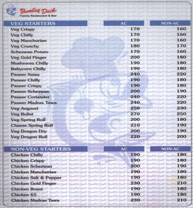 Menu at Bombay Duck, Mumbai, 1