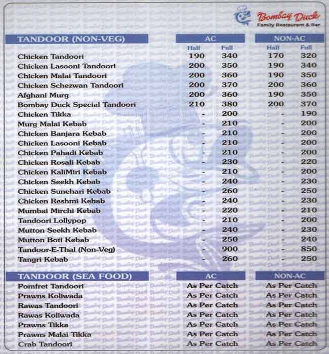 Menu at Bombay Duck, Mumbai, 1