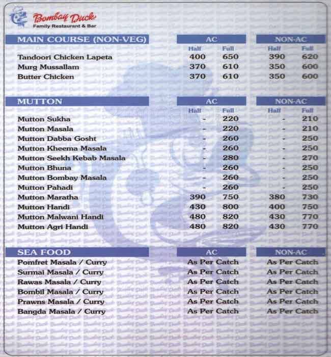 Menu at Bombay Duck, Mumbai, 1