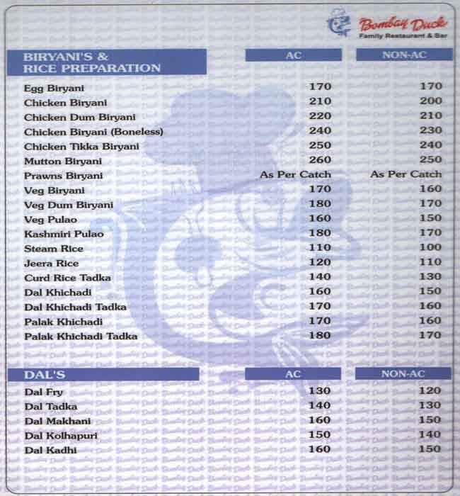 Menu at Bombay Duck, Mumbai, 1