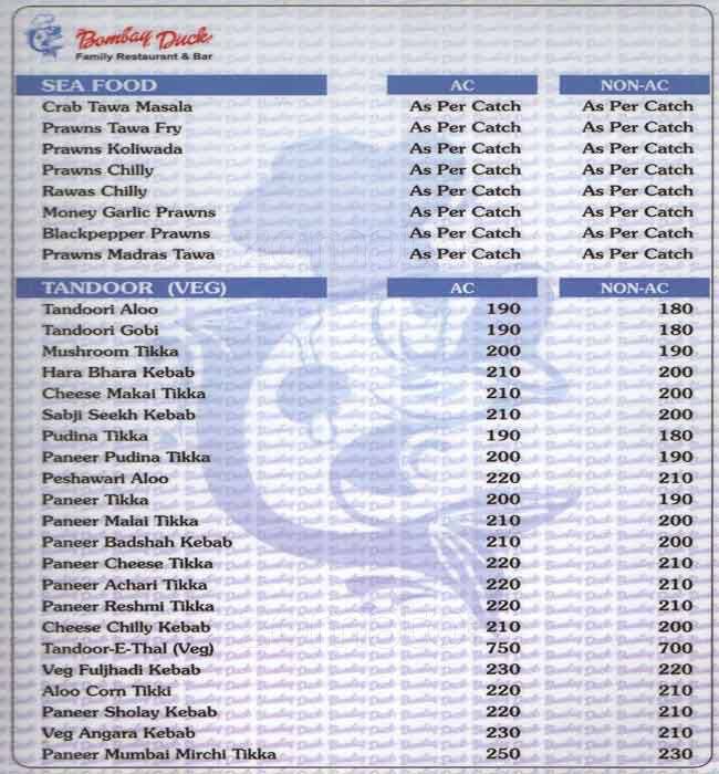 Menu at Bombay Duck, Mumbai, 1