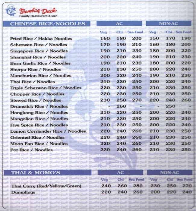 Menu at Bombay Duck, Mumbai, 1