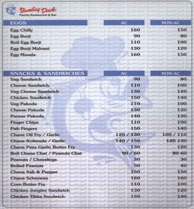 Menu at Bombay Duck, Mumbai, 1