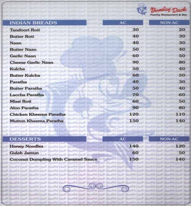Menu at Bombay Duck, Mumbai, 1