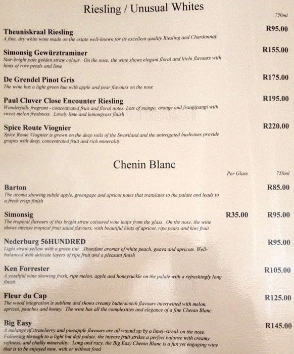 Menu at Collin's Grill & Butcher restaurant, Cape Town