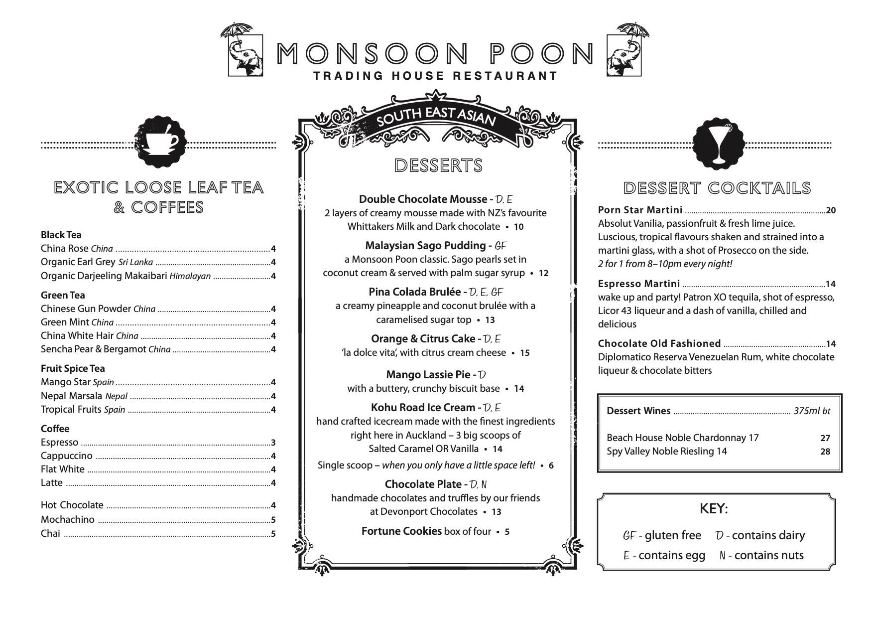Menu at Monsoon Poon restaurant, Auckland, Lower Hobson St