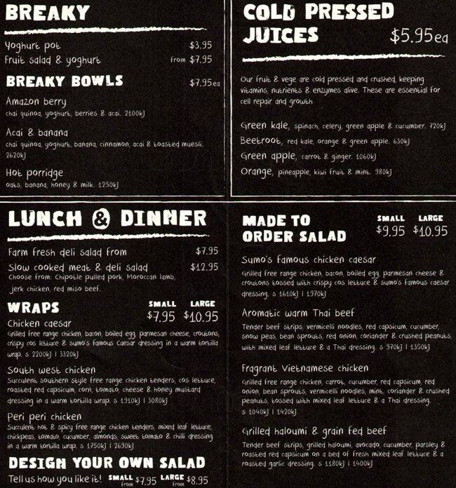Menu at Sumo Salad fast food, Sydney, 168 Pitt St