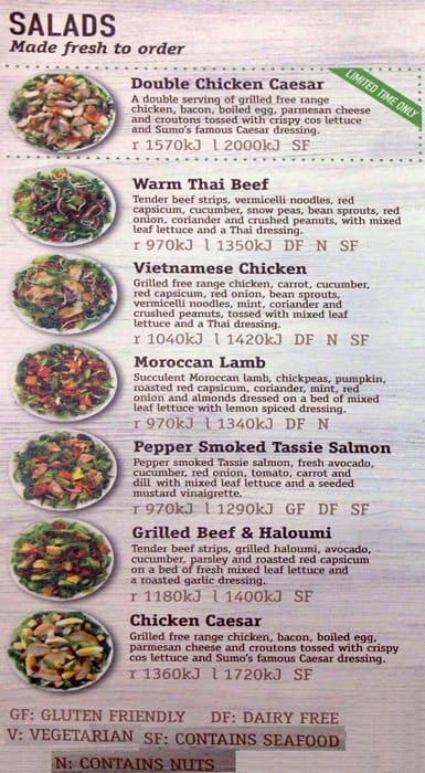 Menu at Sumo Salad fast food, Sydney, 168 Pitt St