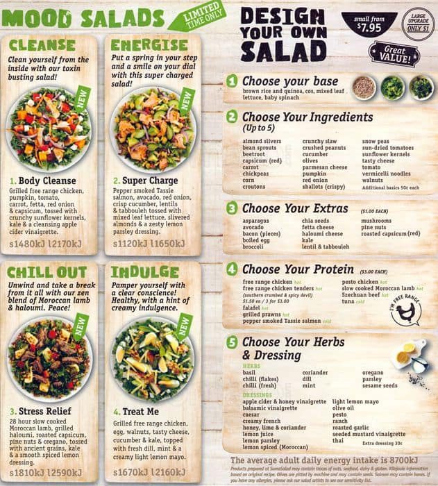 Menu at Sumo Salad fast food, Sydney, 815-821 George St Shop 3