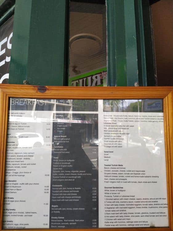 Menu at Glebe Cafe, Glebe