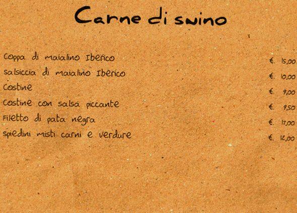 Menu at La Brasa restaurant, Milan