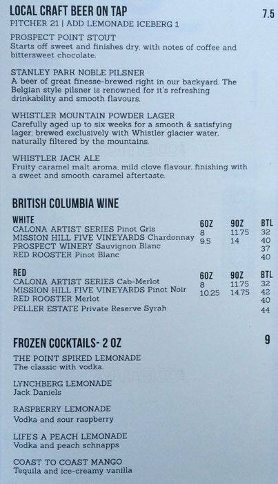 Menu at Prospect Point Bar & Grill, Vancouver